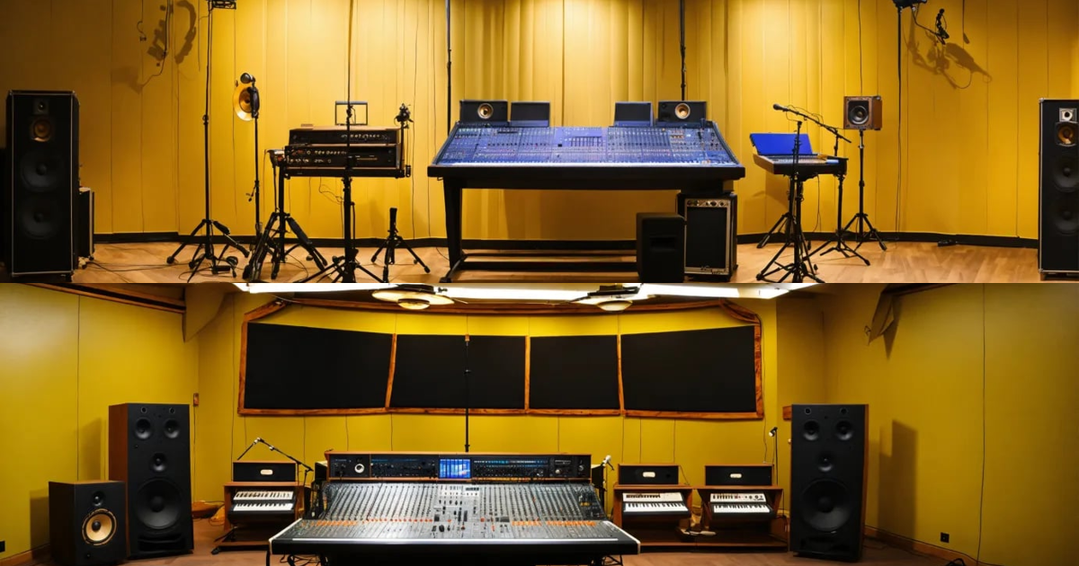 Lexica - A 70s style music recording studio. The walls of the studio ...