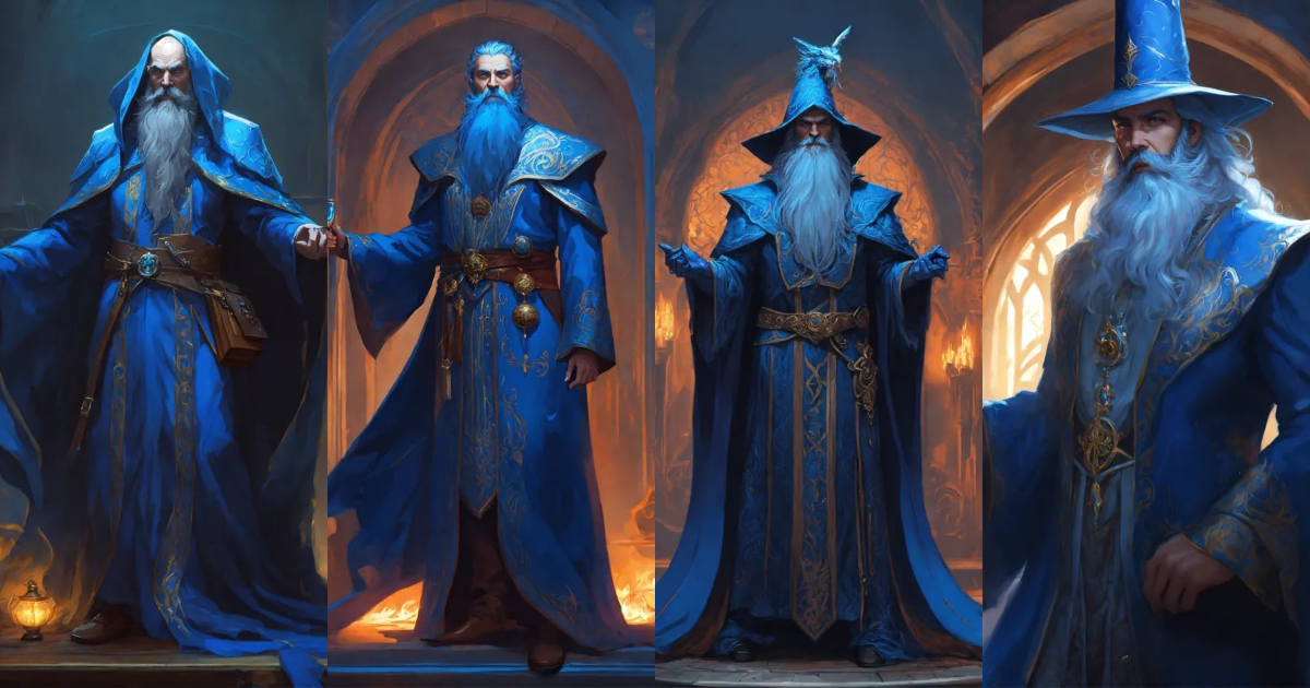 Lexica - Evil wizard, long blue beard, thin body, long suit with edges ...