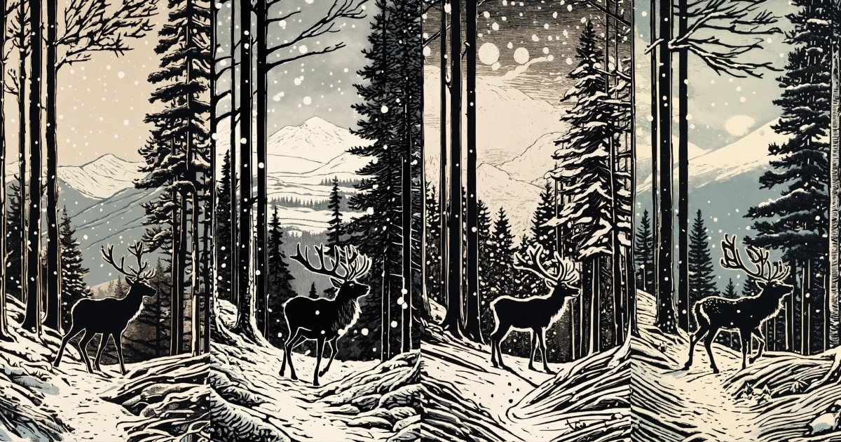 Lexica - Linocut design of a reindeer walking through a snowy Forest ...
