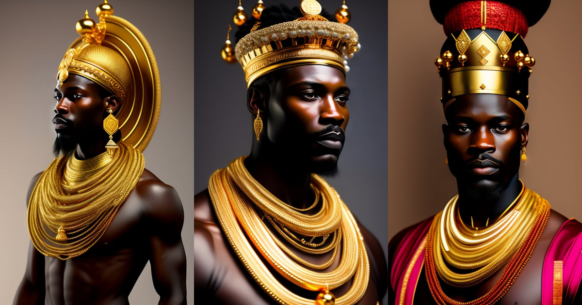 Lexica - African King, wearing gold ornaments, orthographic front view ...