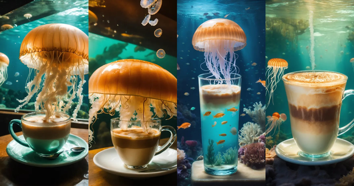 Lexica - Jellyfish drinking a latte in an underwater cafe