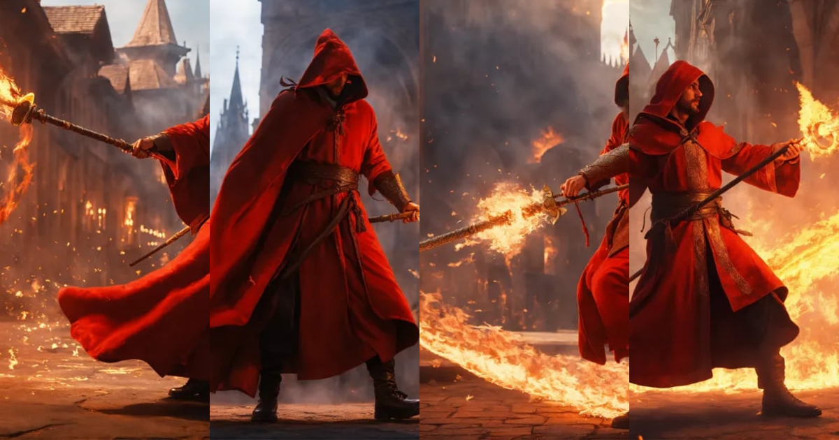 Lexica - Red robes sorcerer casting fire magic in an arc, flame ...