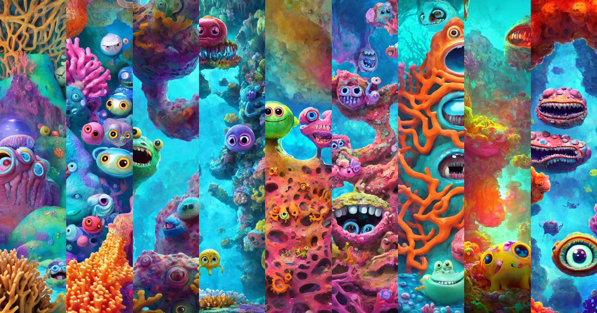 Lexica - Of a colorful under water cave with strange cute friendly ...