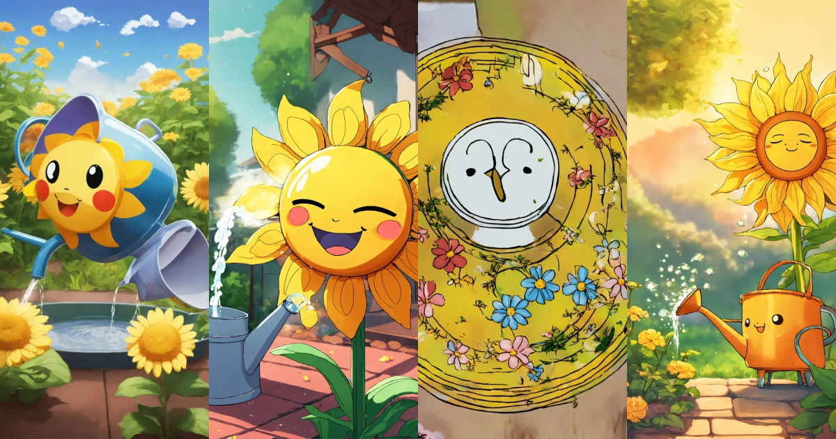 Lexica - A cartoon anime Sun with a face concentrating on watering ...