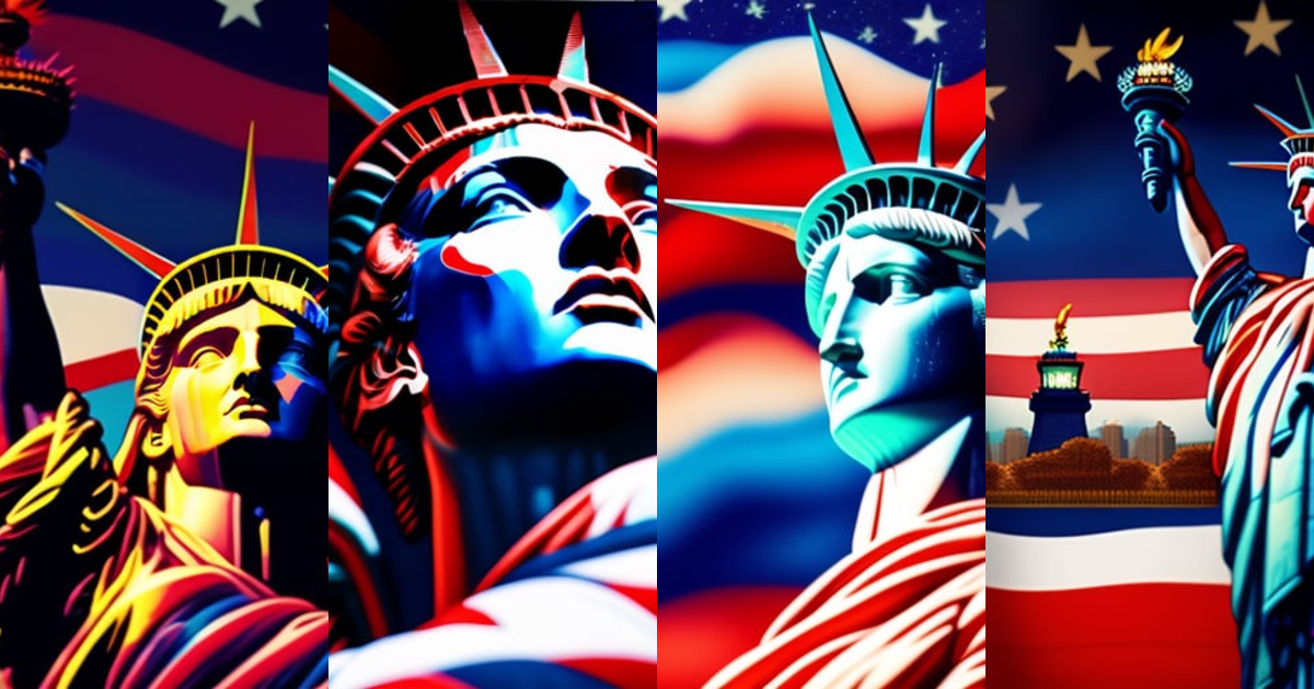 Lexica - Bald eagle flying over statue of liberty wearing red, blue ...