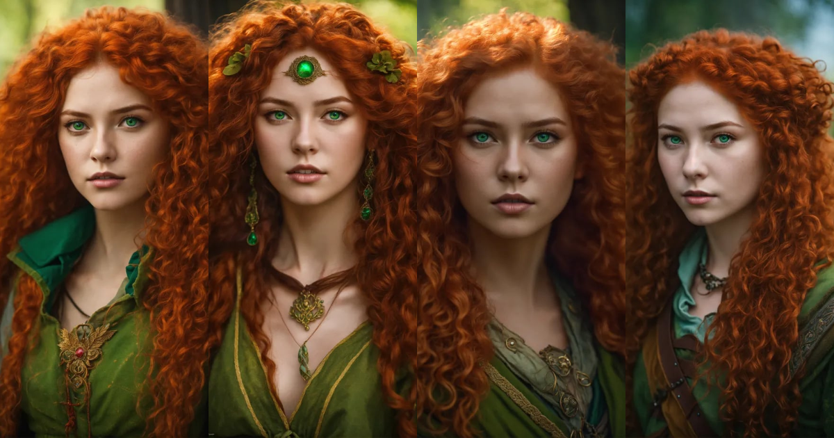 Lexica - "fantasy wildling maiden", massive curly red Merida hair ...