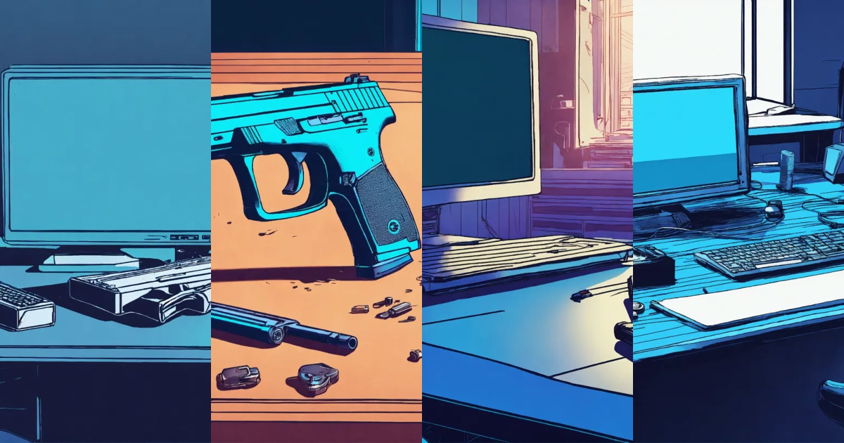Lexica - Crime screen gun on table, computer lineart moody blue simple