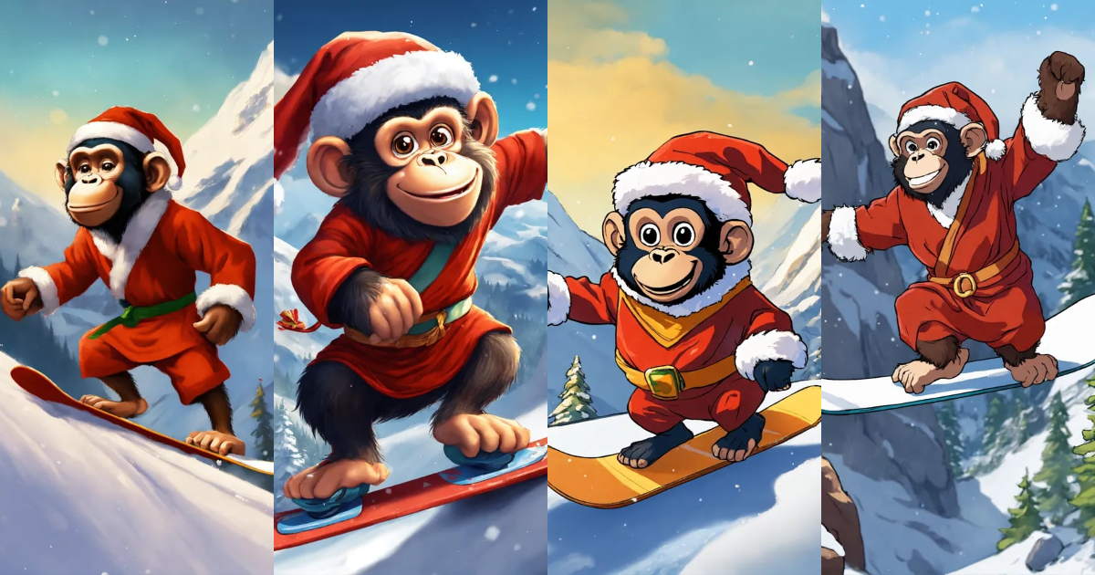 Lexica - Cartoon chimp monk wearing a Santa hat snowboarding down a ...