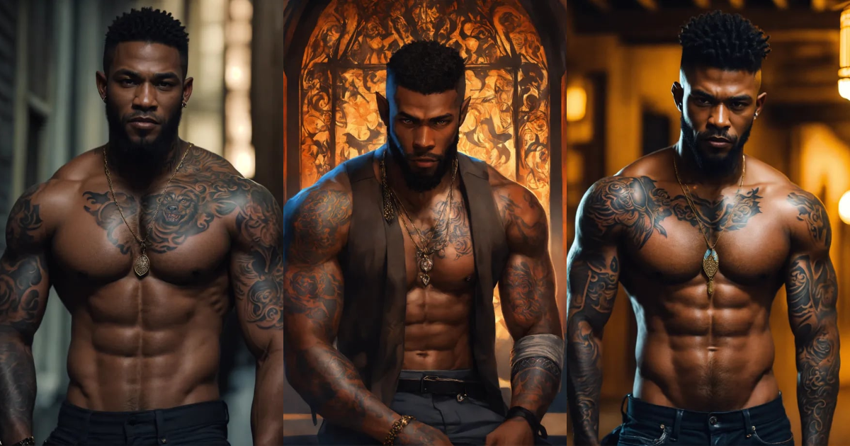 Lexica - Handsome black man, werewolf, pointy ears, tattoos on arms and ...