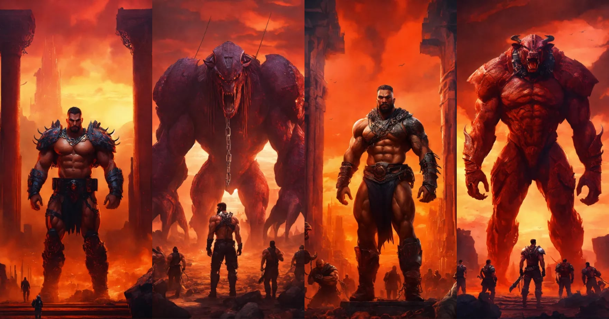 Lexica - Huge strong monstrous prison guard, front facing in an ancient ...