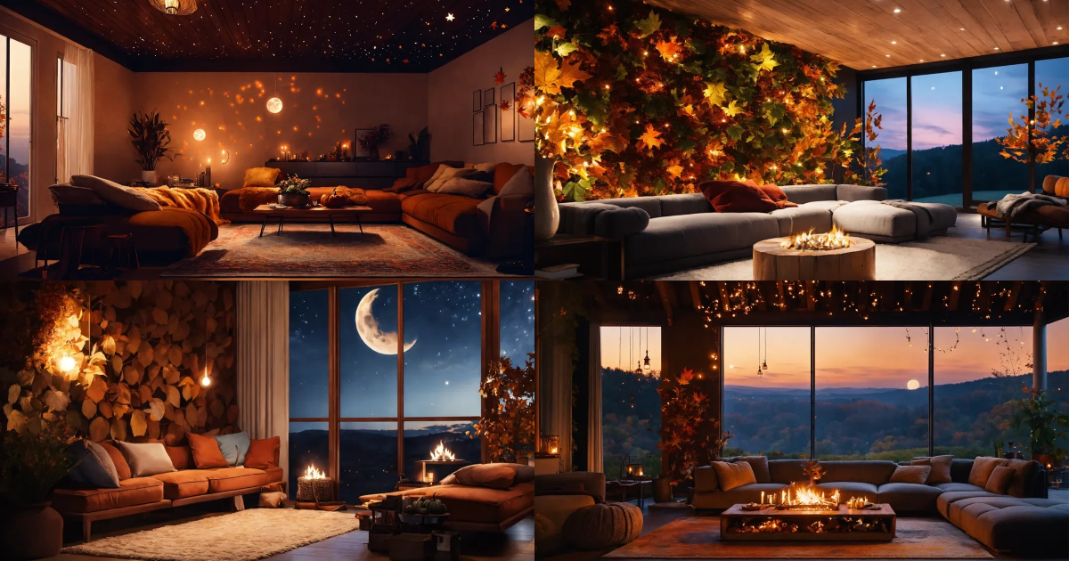 Lexica - Fall vibe living room, leafs fire place dark wood ceiling sky ...