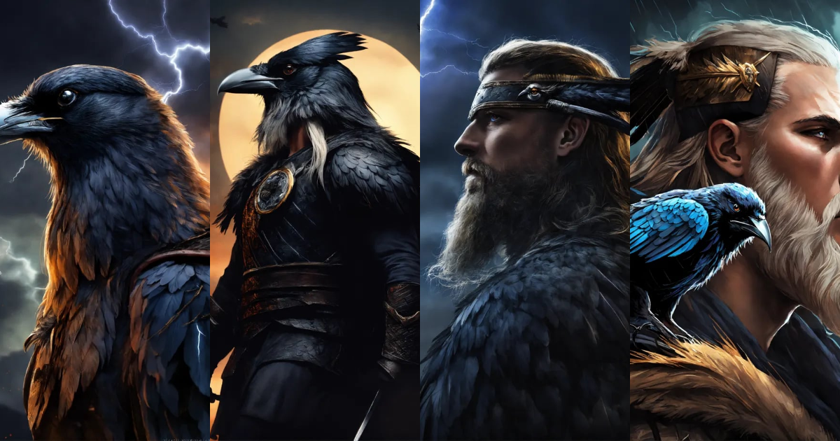 Lexica - Odin, one eye blind, 2 ravens, black bird background, dramatic ...
