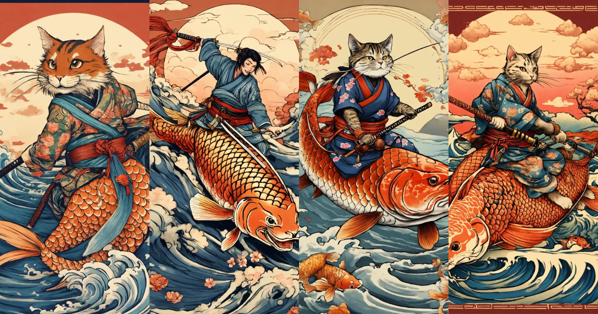 Lexica - T-shirt design, samurai cat riding on a big carp koi, by Kanō ...