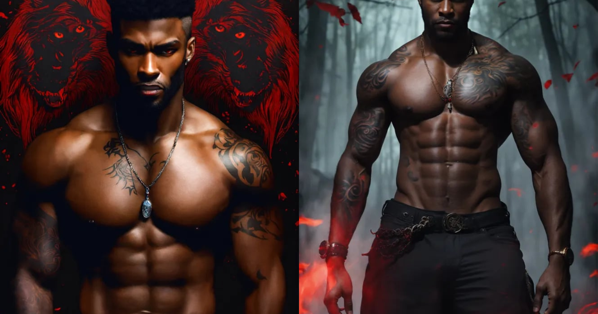 Lexica - Very handsome black man, werewolf shifter, red eyes, tattoos ...