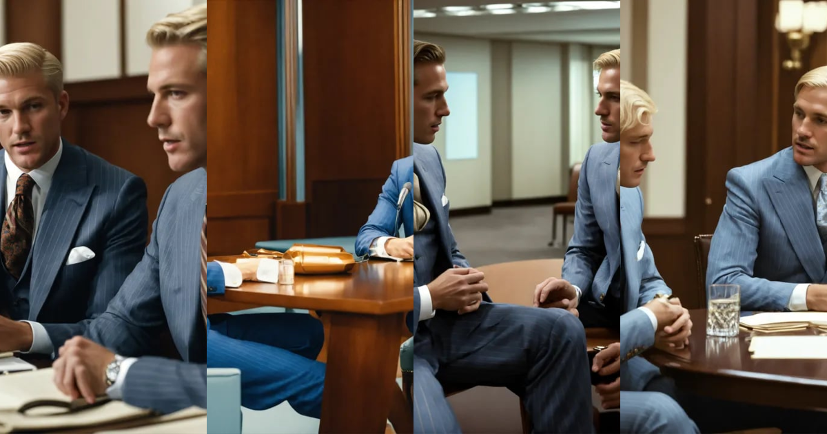 Lexica - Two blonde male gentlemen in pale blue pinstripe vested suit ...