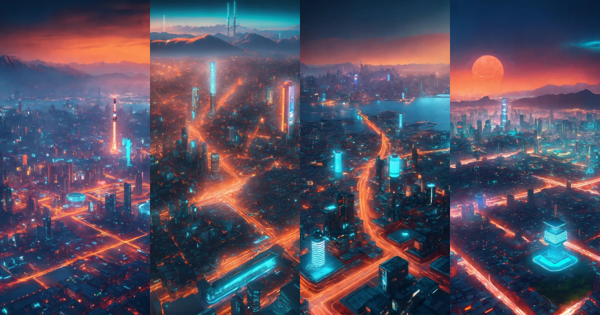 Lexica - Aerial drone view toward futuristic city with neon light at ...