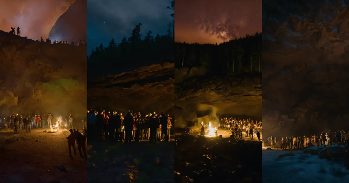 Lexica - An angry mob of canadians gathered around a large cave in the ...