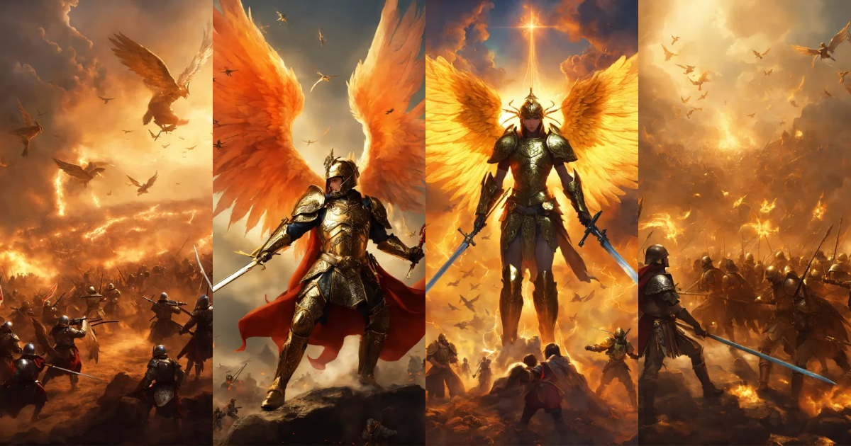 Lexica - Armies of angels fighting, heaven, war vibes