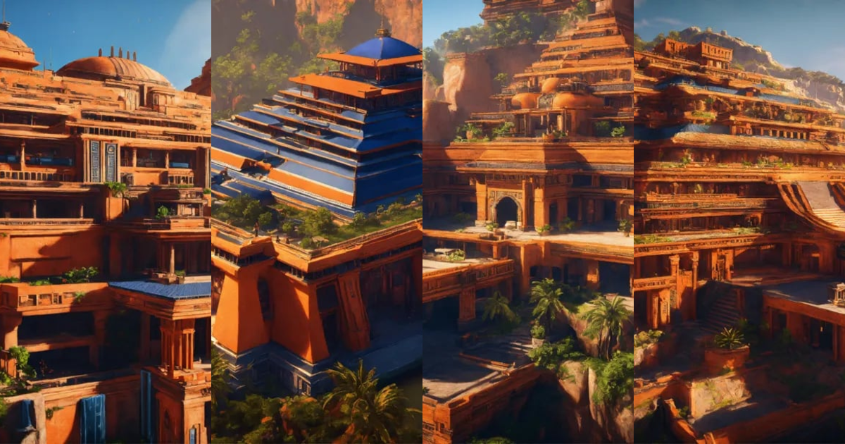 Lexica - Full image of a massive orange Aztec sci fi palace with a navy blue roof on a cliff ...
