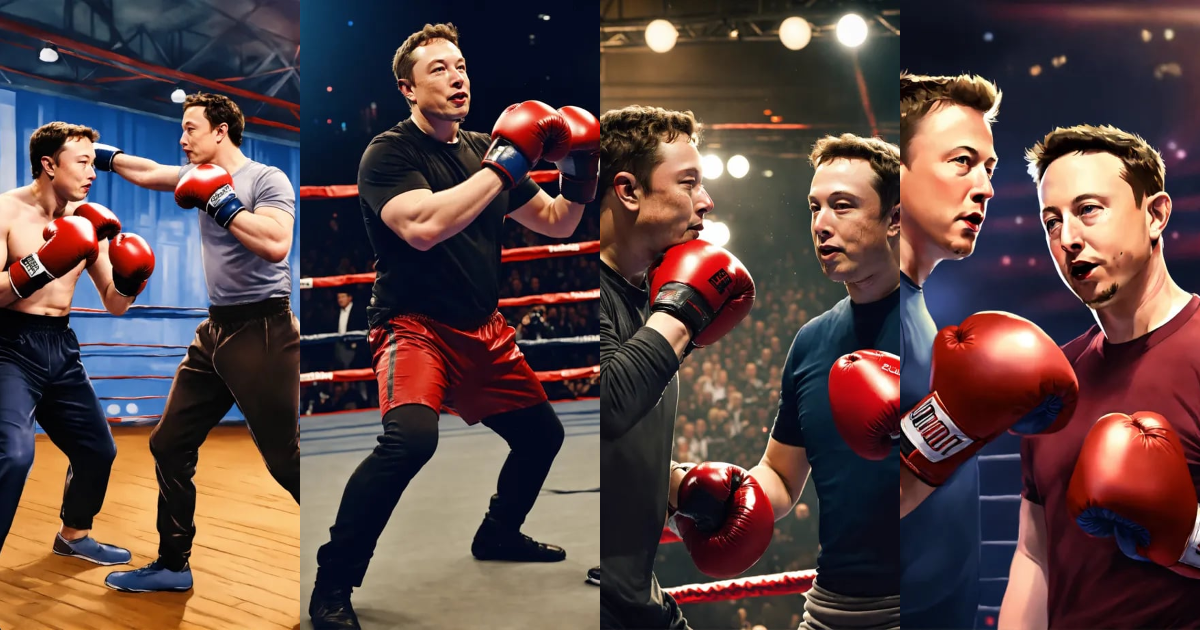 Lexica - Elon musk fighting marc zuckerberg, boxing with gloves, realistic