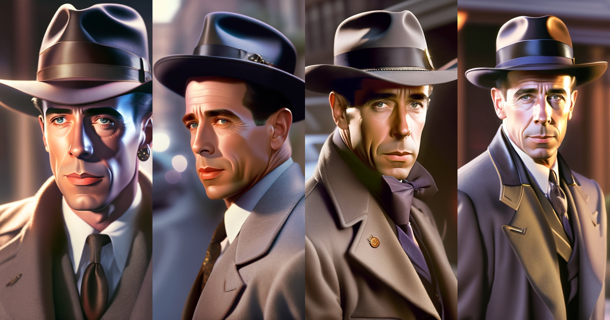 Lexica - Humphrey bogart as noir detective with grey fedora hat,crime ...