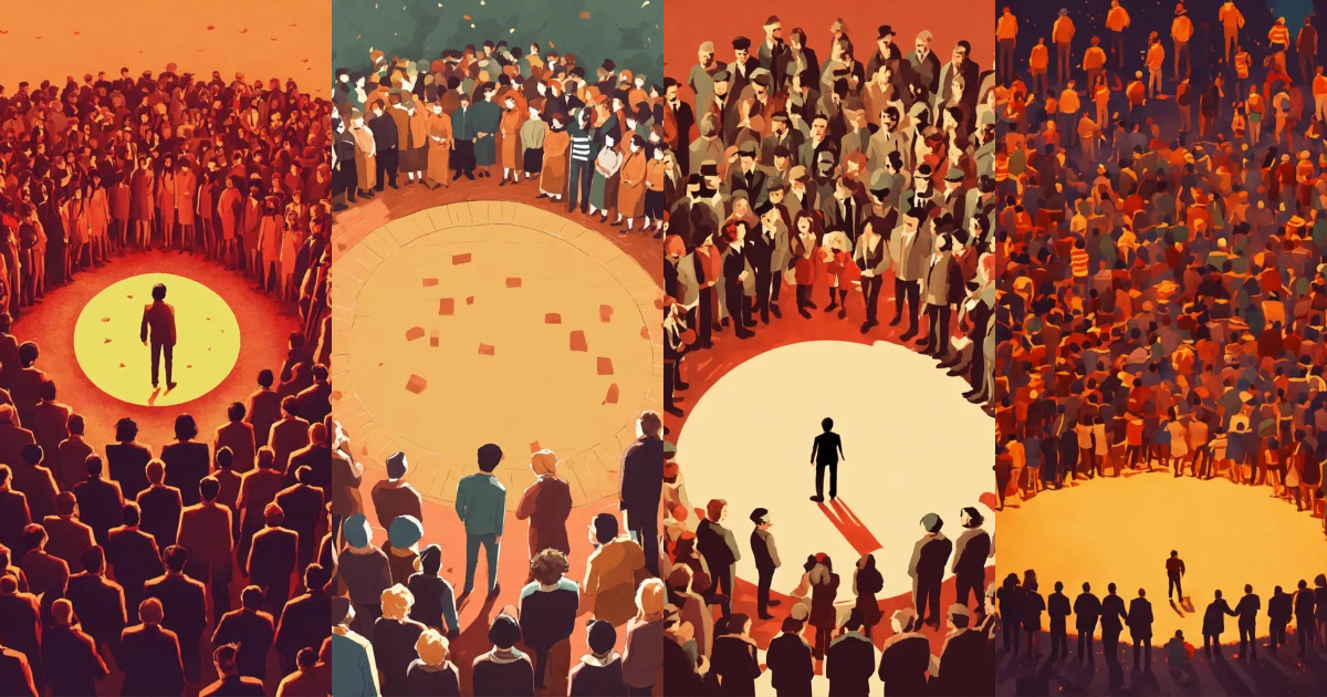 Lexica - A lone person getting surrounded by an angry mob of people in ...