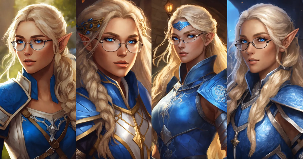 Lexica - A half-elf female with very tanned skin, wearing glasses with ...