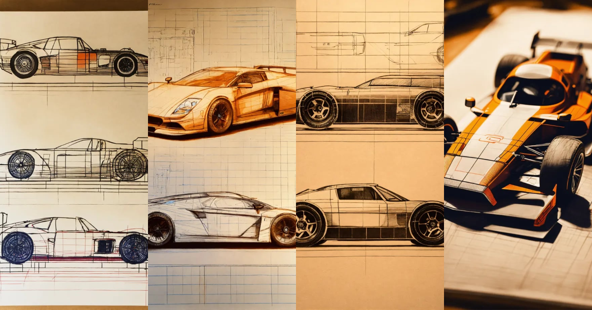 Lexica - Vehicle design sketch, on grid paper fading into a racecar