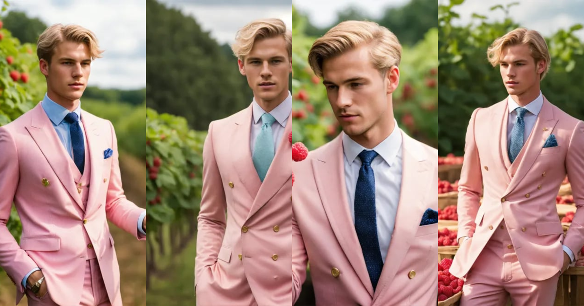 Lexica - A young blonde gentleman in light pink double breasted suit ...