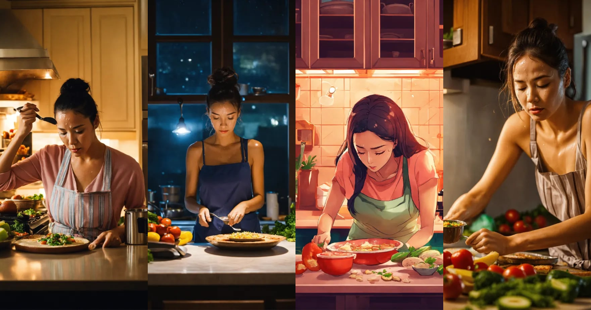 Lexica - Woman making food in the kitchen with sweating on her forehead ...