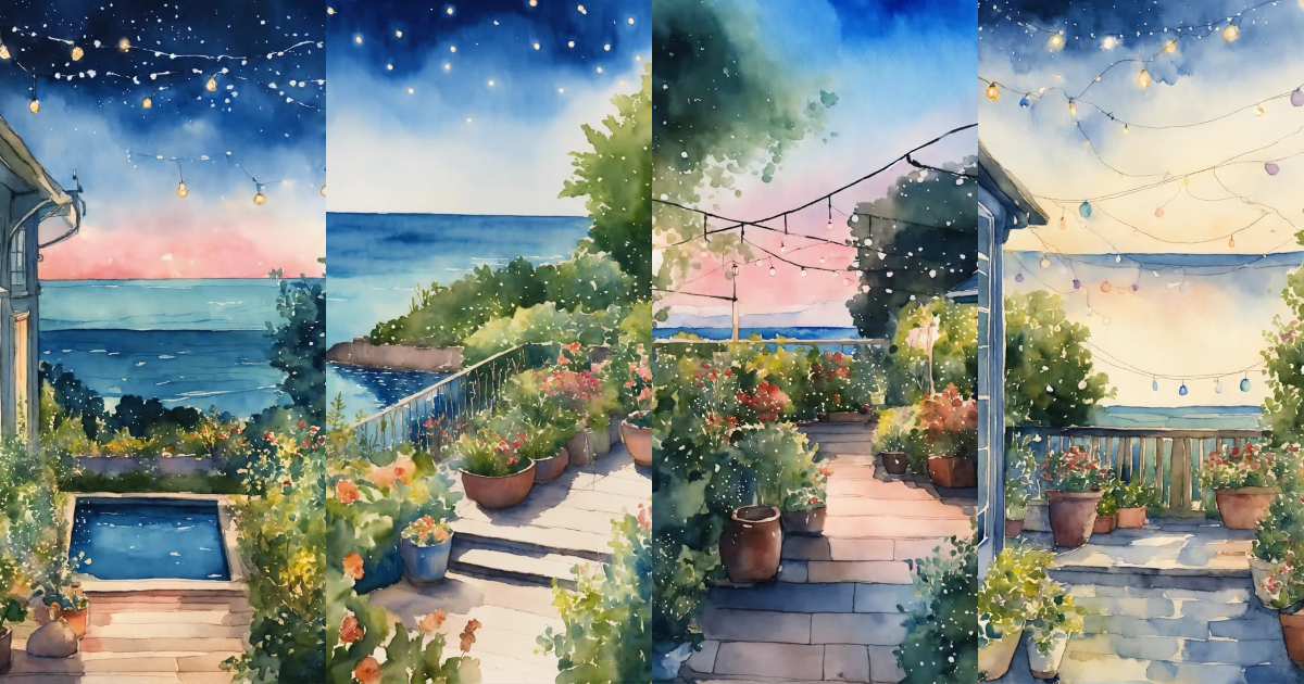 Lexica - Watercolour, distant back perspective, garden, fairy lights ...