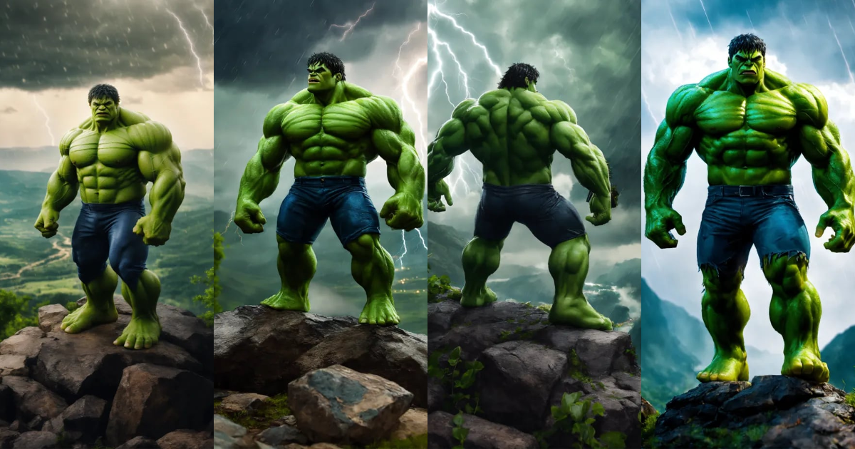 Lexica - Hulk is standing on a mountain. The weather is raining ...