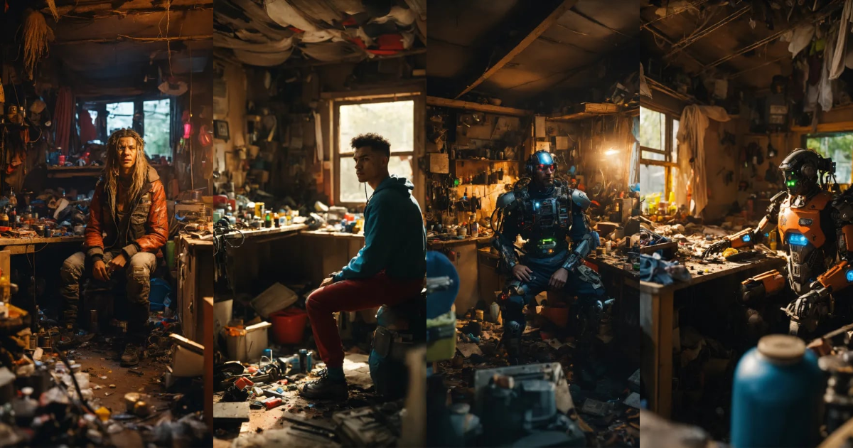 Lexica - Wide angle Environmental shot of evil Cyborg in a cluttered ...