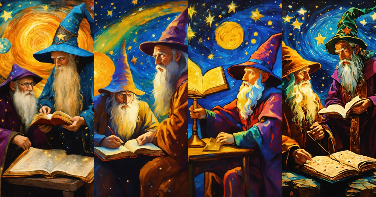 Lexica - Wise old wizard wearing a wizard hat with stars holding a ...