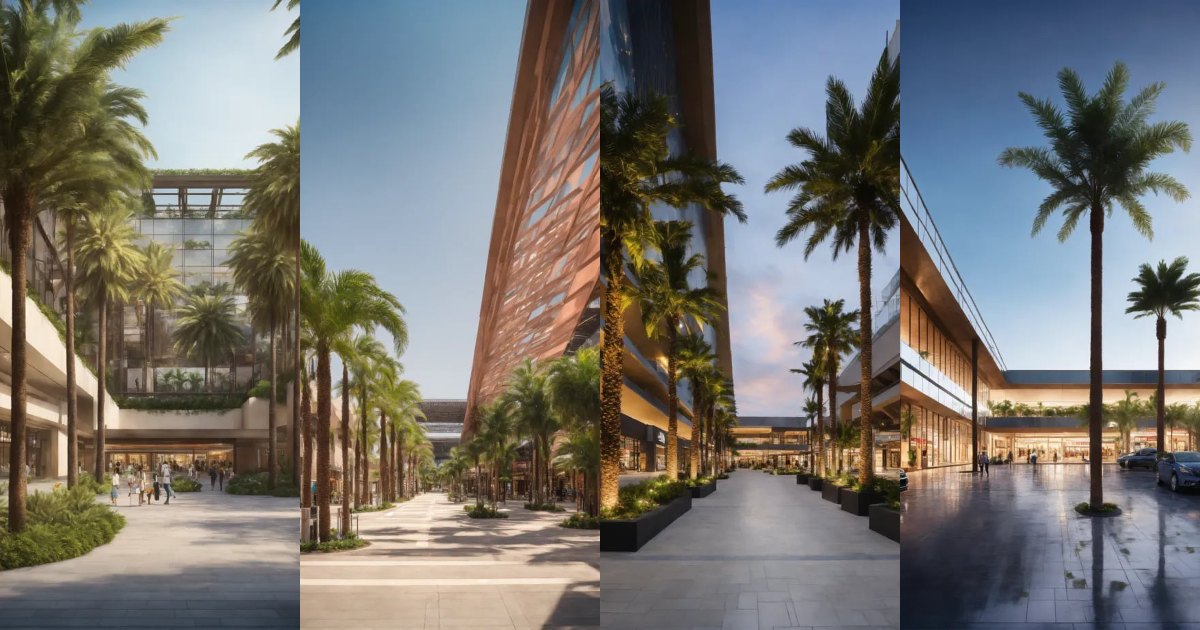 Lexica - A L shaped mall of steel with palm trees planted on one side ...