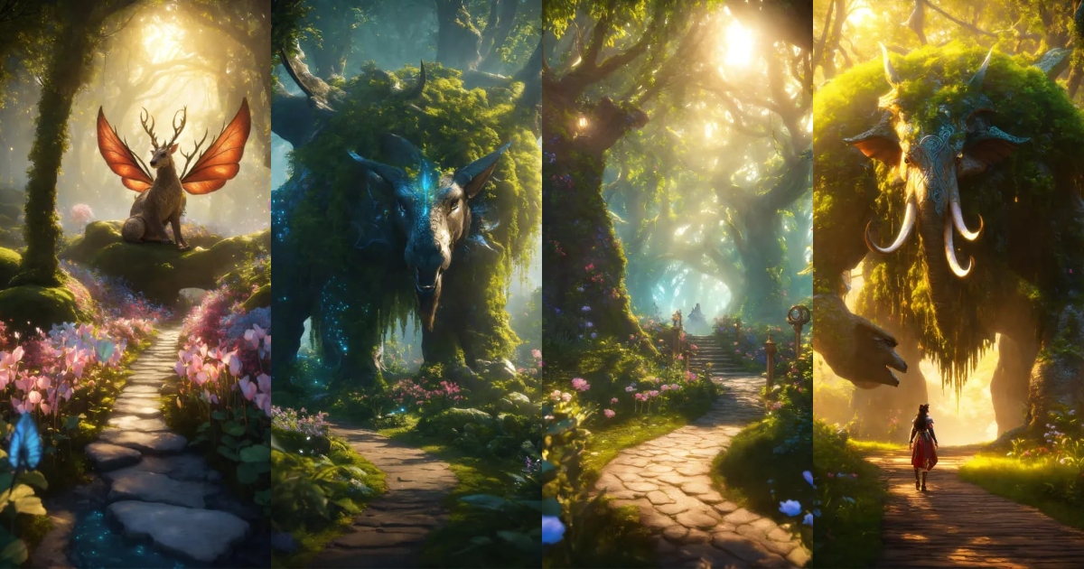 Lexica - A path through enchanted glade with gigantic fantasy creatures ...