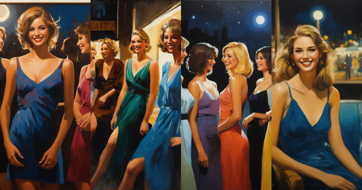 Lexica - Painting by glenn barr, women , smiling, night, 1 9 8 0 dresses