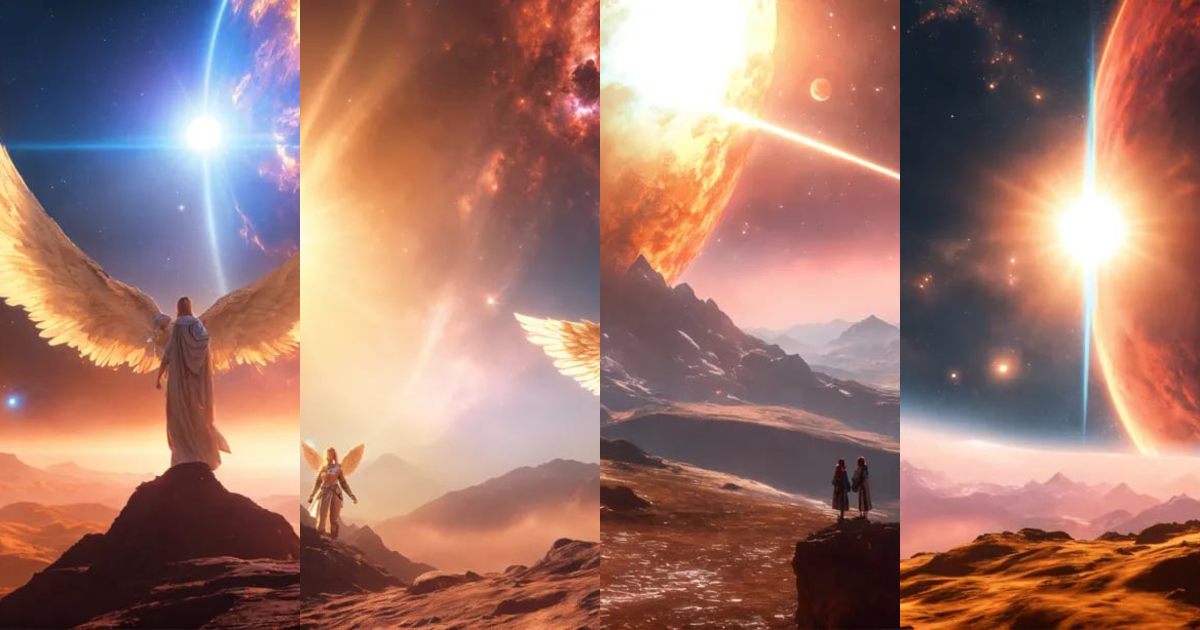 Lexica - Two ethereal angel, mountain nebula, sun backgound, Cinema 4D ...