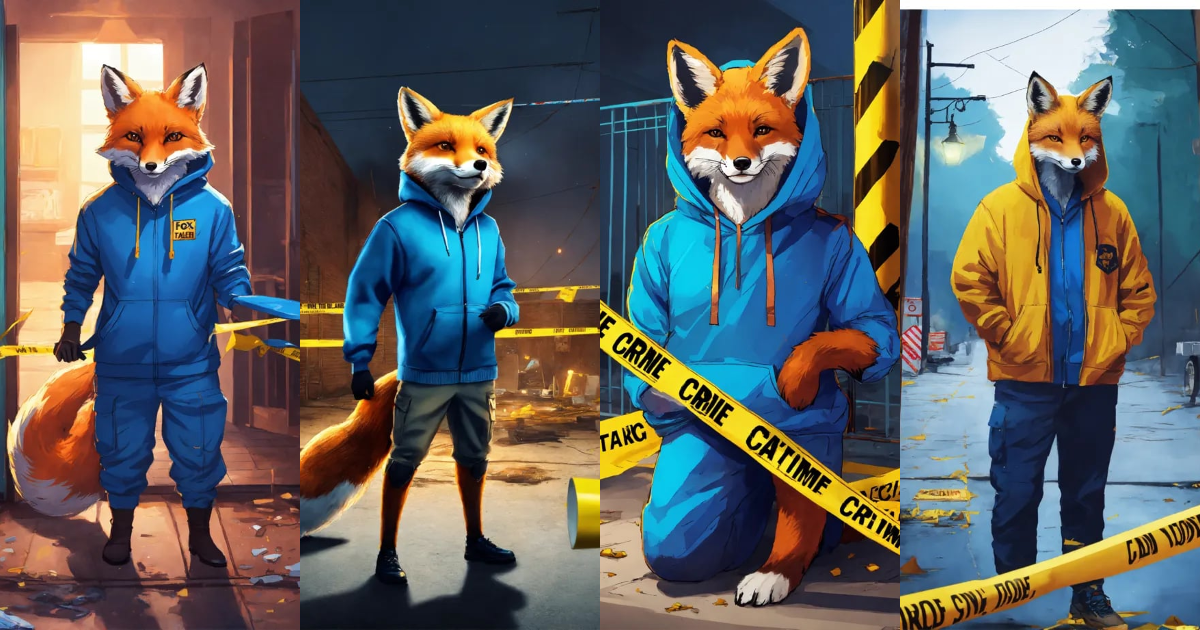 Lexica - A fox in a blue hoodie securing a crime scene with caution tape.