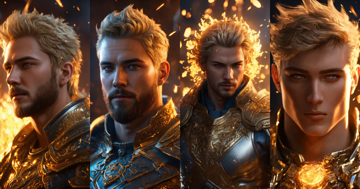Lexica - "legendary man light god", light hair, embers, sparks, head ...