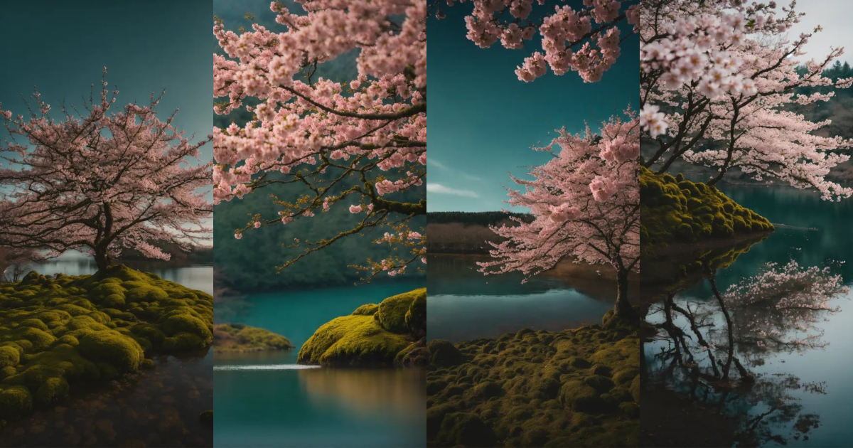 Lexica - Minimal, cinematic, a blooming cherry blossom tree, forest ...