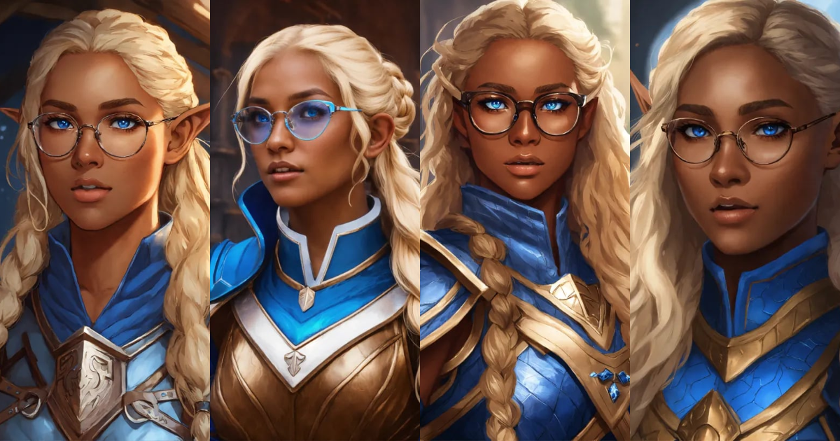 Lexica - A very brown skinned half elf woman, wearing glasses with deep ...