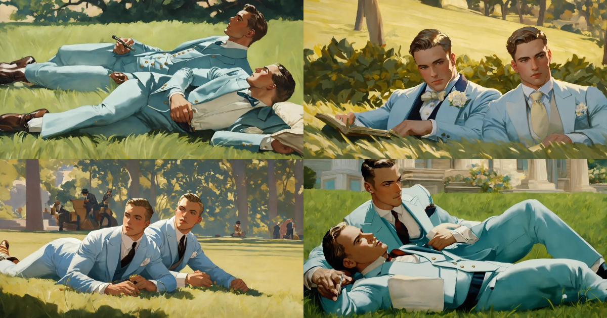 Lexica - Two muscled spotsmen in pale blue vested suit and tie lying on ...