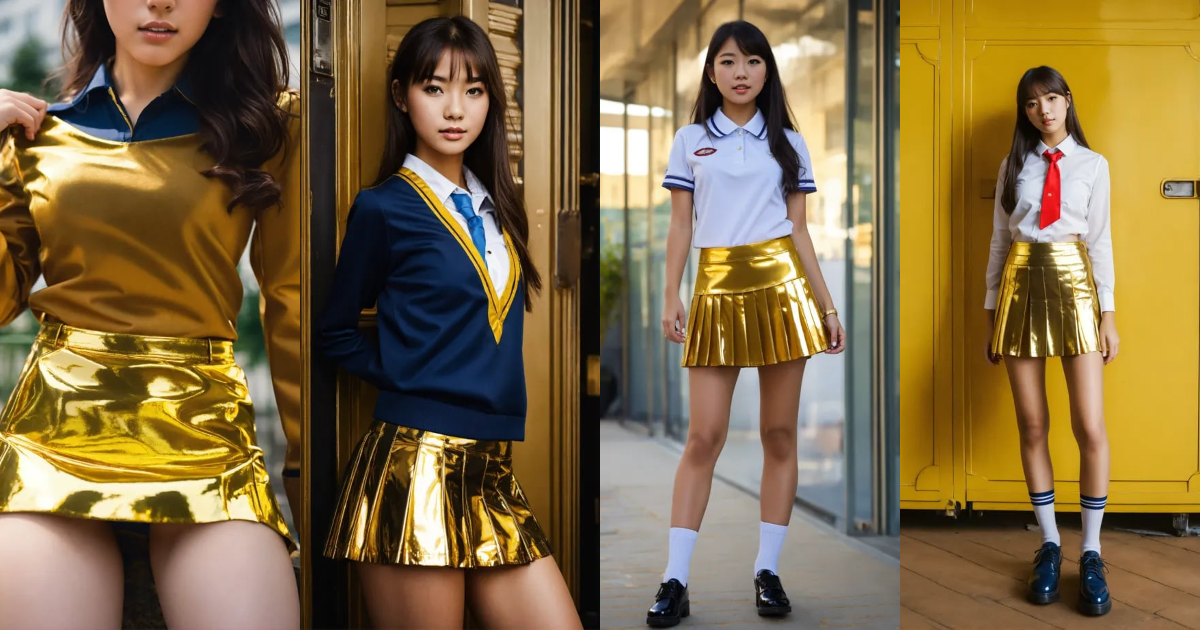 Lexica - Girl in glossy gold school uniform miniskirt