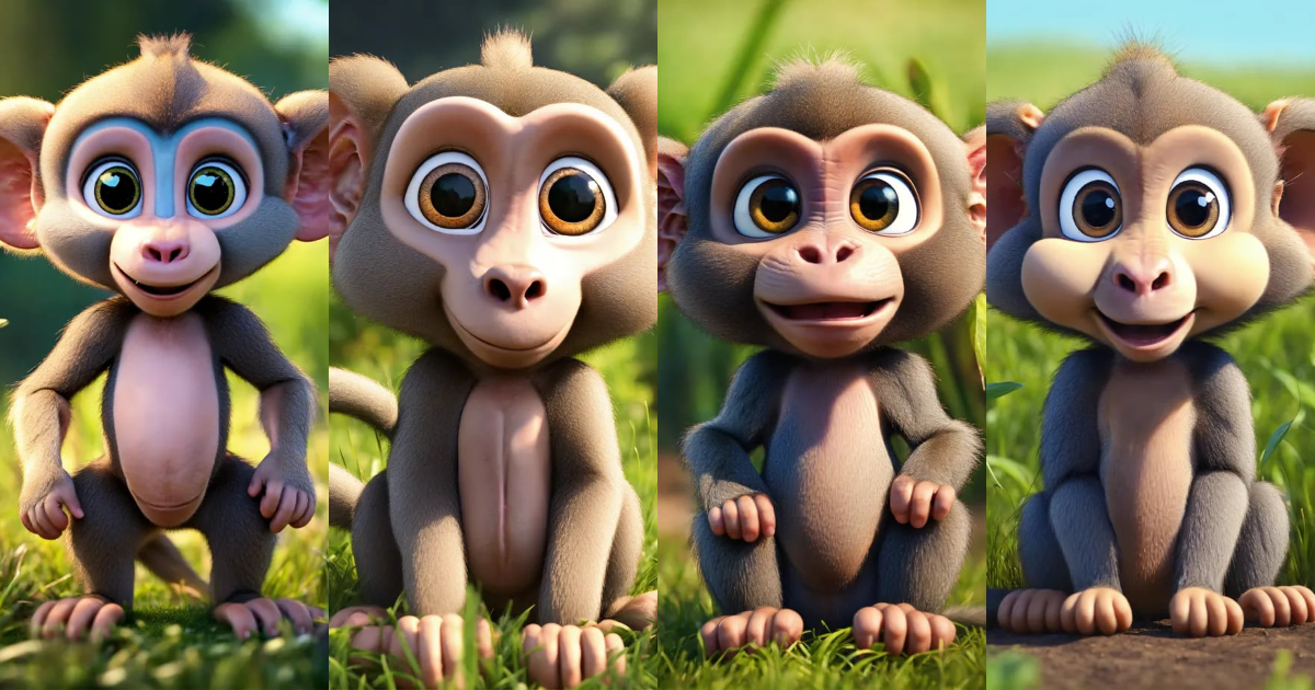 Lexica - A cute all grass baby baboon with big eyes, animated, cartoon ...