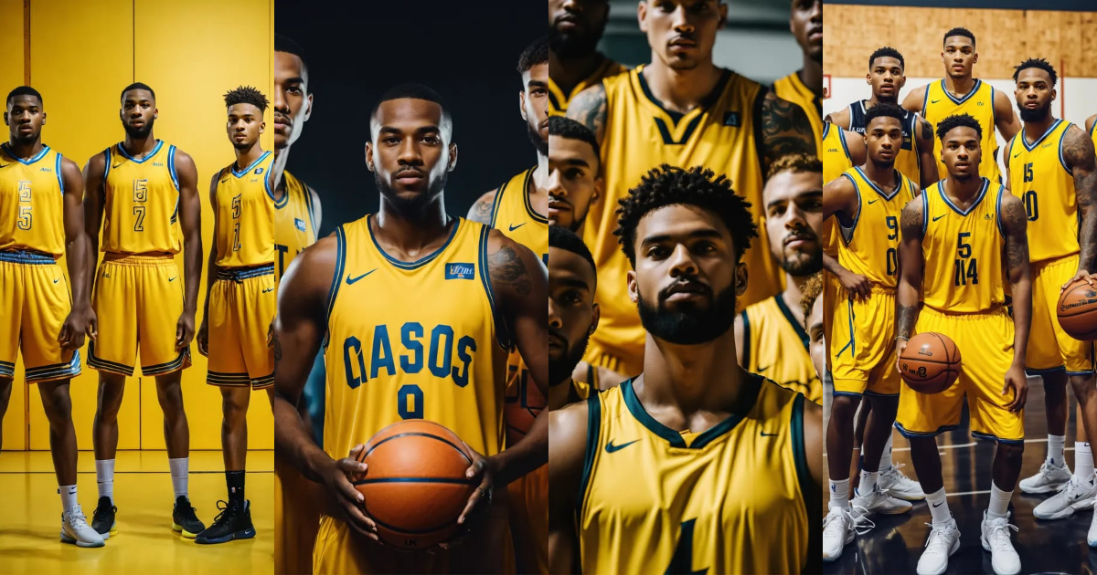 Lexica - Five players basketball team in yellow jersey 4k facing camera