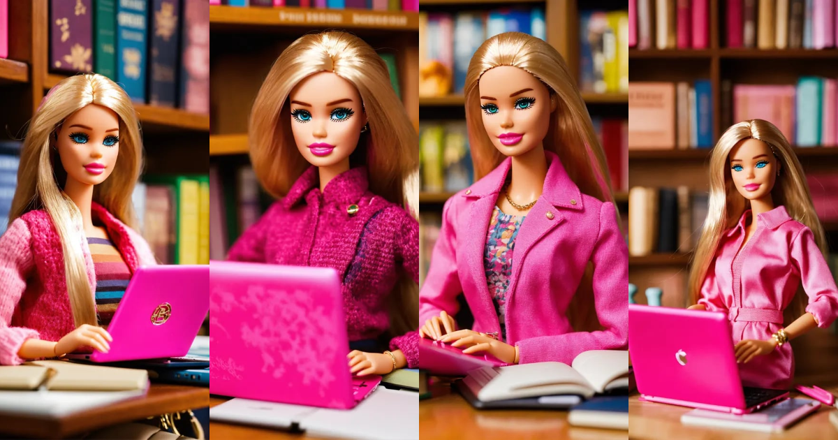 Lexica - Barbie dolls in the library, studying, with a pink laptop ...