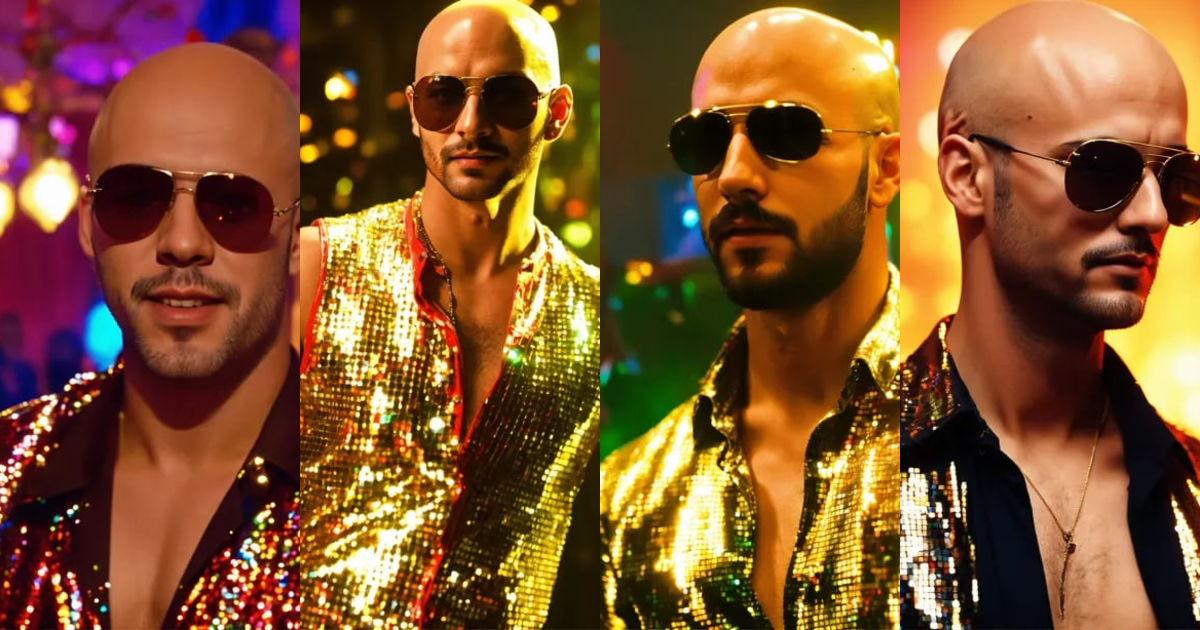 Lexica - Cute man, style disco dancer,eyes visible, dancing, bald hair