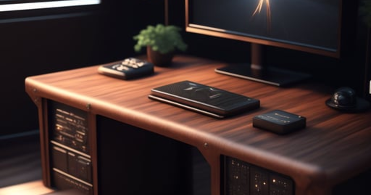 Lexica - A dark industrial wood desk with control panel on the side of ...