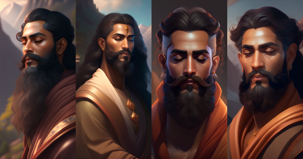 Lexica - Indian monk with black hair curly, black beard, serious face ...